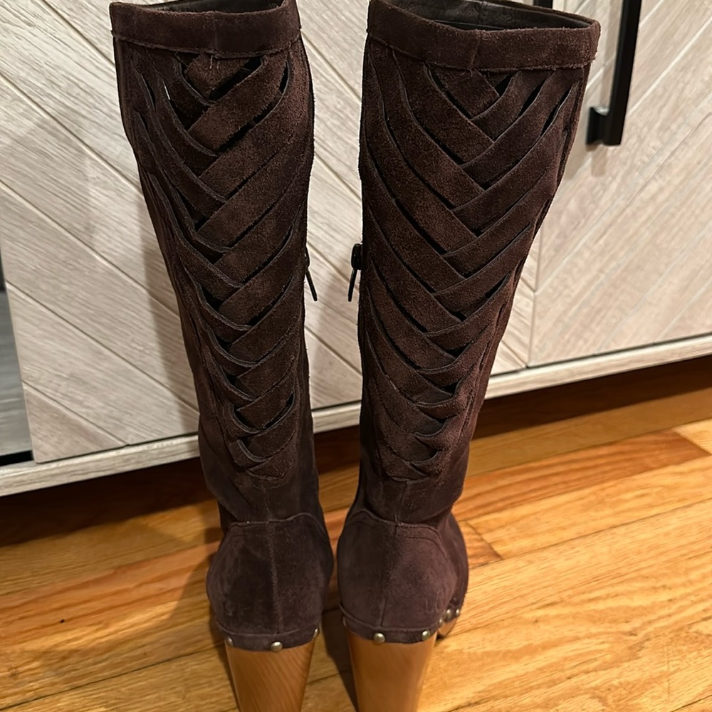 New Ugg Rumer Brown Suede Lattice Clog Knee High Boots - Gem